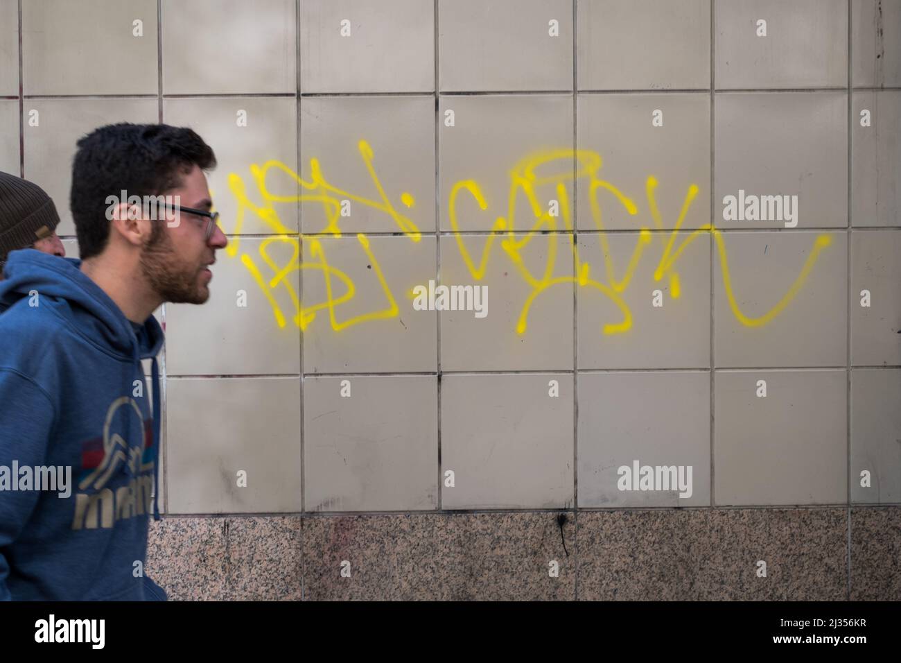 Seattle, USA. 5th Apr, 2022. People passing fresh graffiti on 3rd and ...