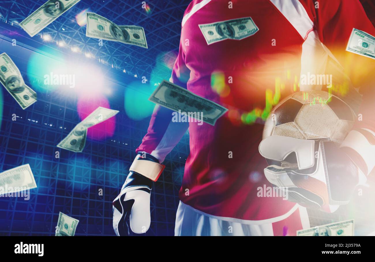 Soccer player with a falling banknotes and stats Stock Photo - Alamy