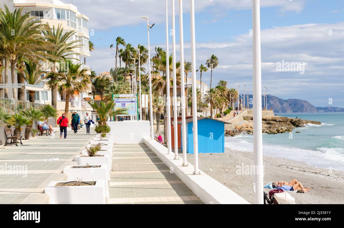 NERJA, SPAIN - 04 MARCH 2022 A beautiful stone promenade for walking ...