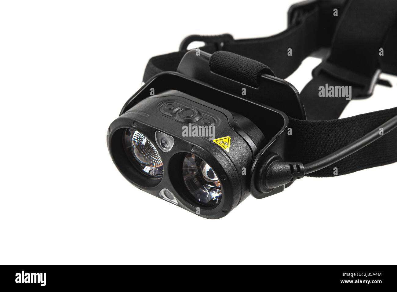 Modern LED headlamp. Portable lighting device mounted on the head ...