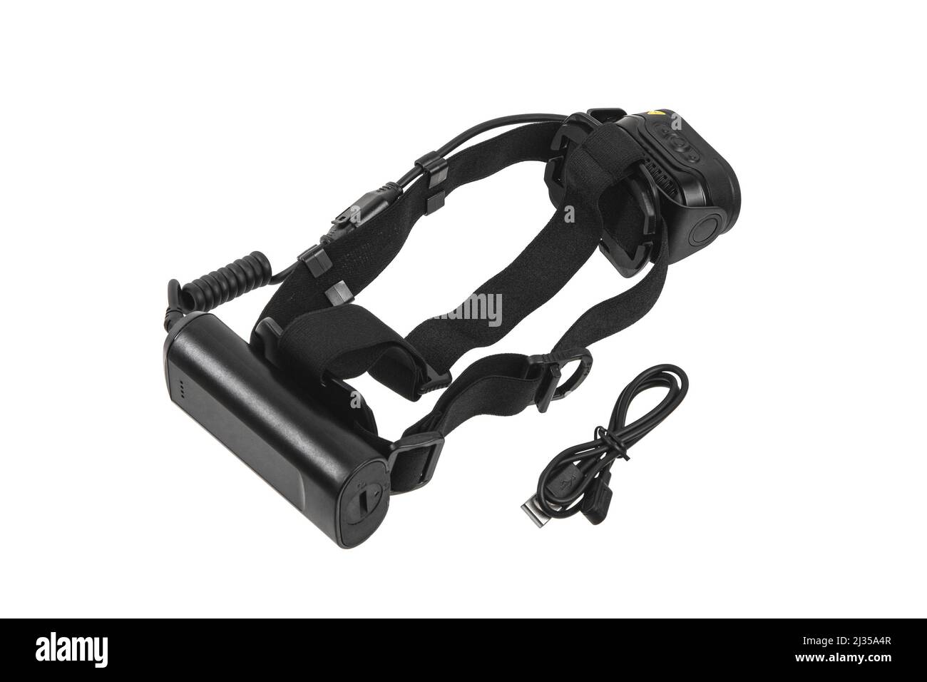 Modern LED headlamp. Portable lighting device mounted on the head ...