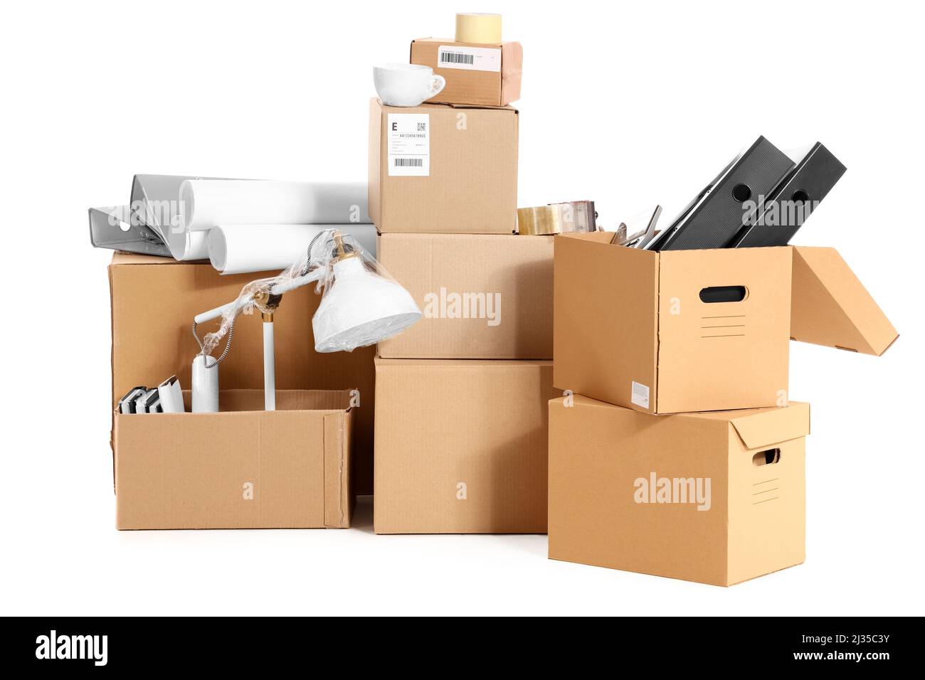 Cardboard boxes with office stuff on white background Stock Photo - Alamy
