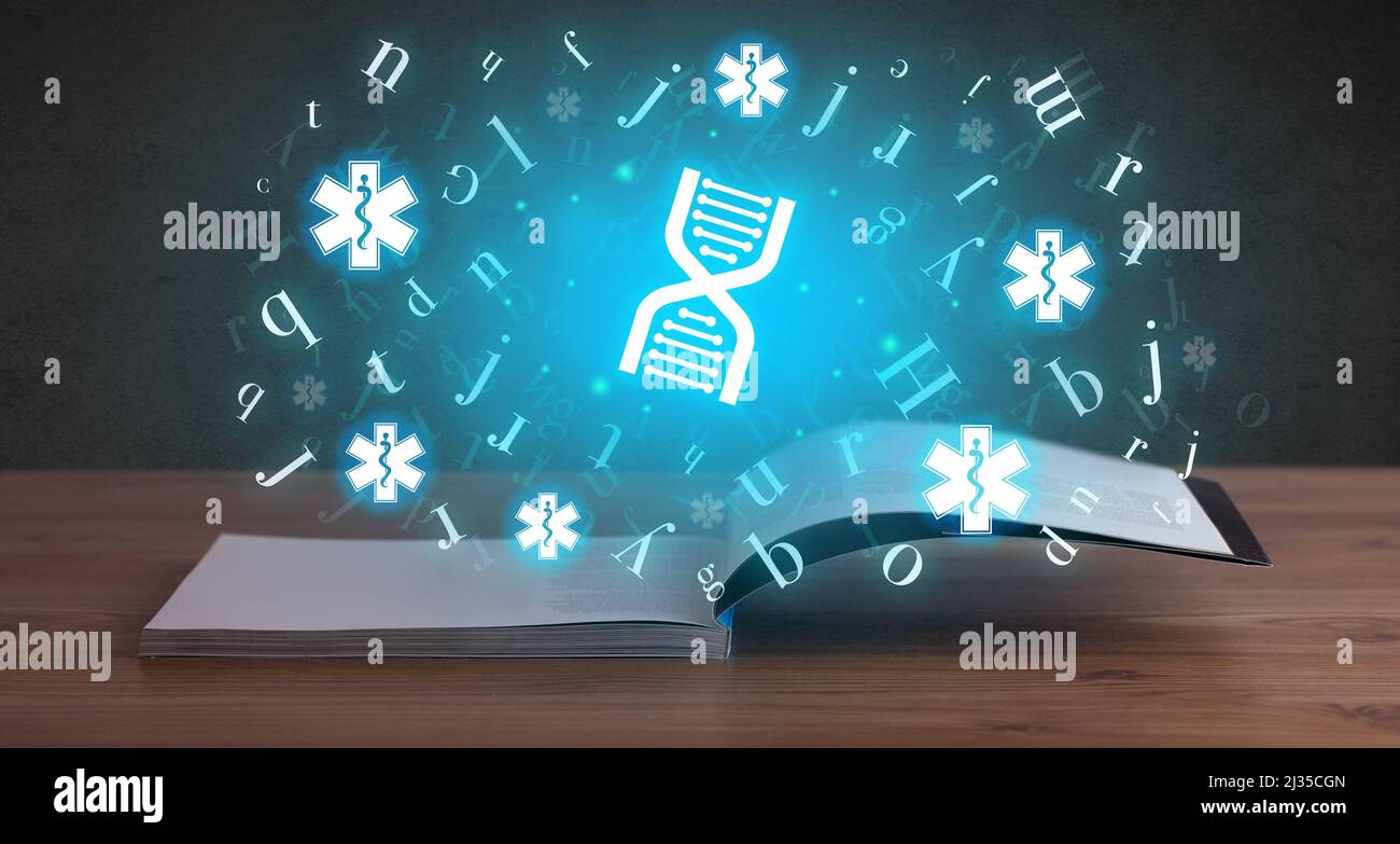 Open medical book with health icons above Stock Photo - Alamy