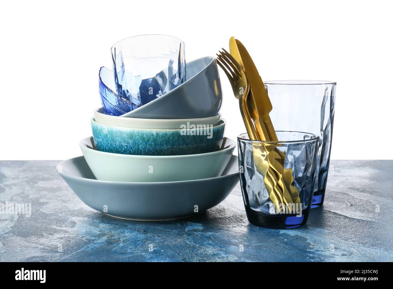 Set of clean tableware isolated on white Stock Photo - Alamy