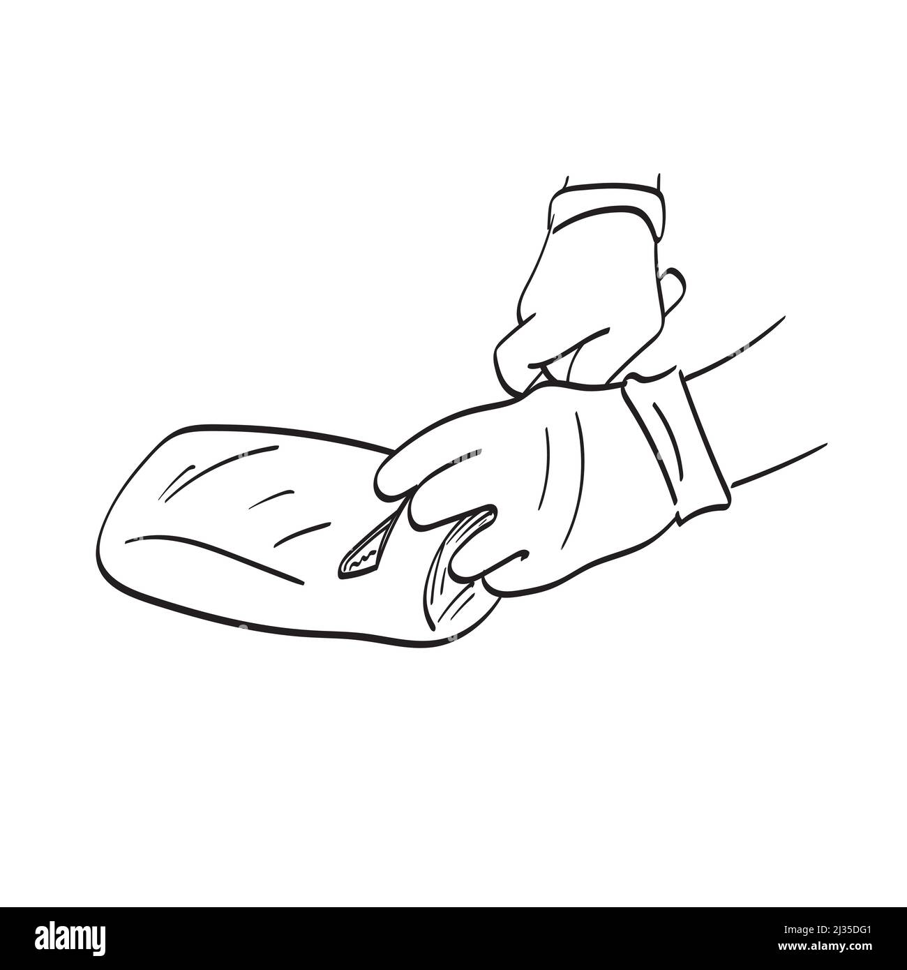 line art closeup hand with latex gloves using knife to cut meat ...