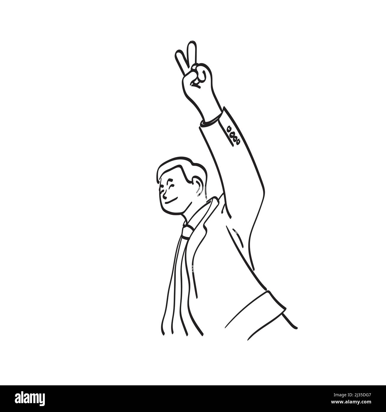 line art half length businessman showing victory sign over his head ...