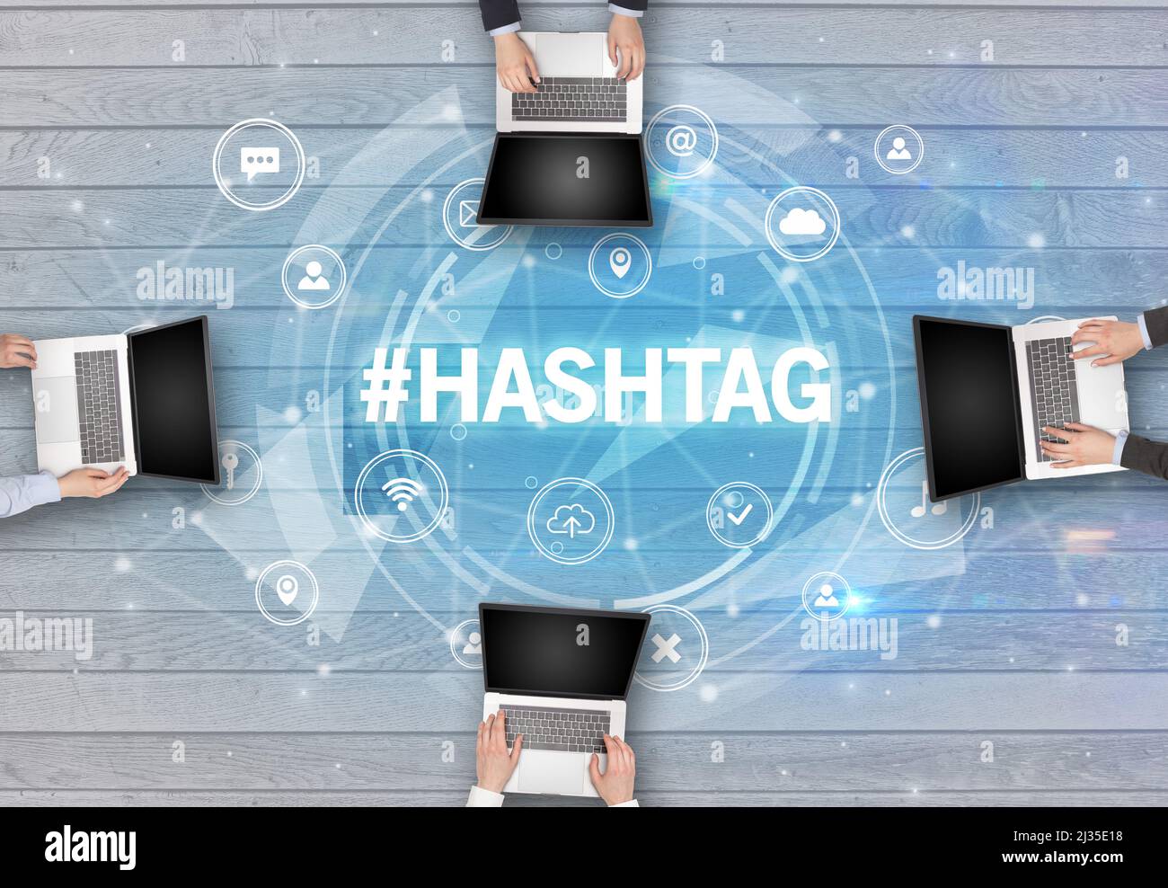 Group of people having a meeting with #HASHTAG insciption, social ...