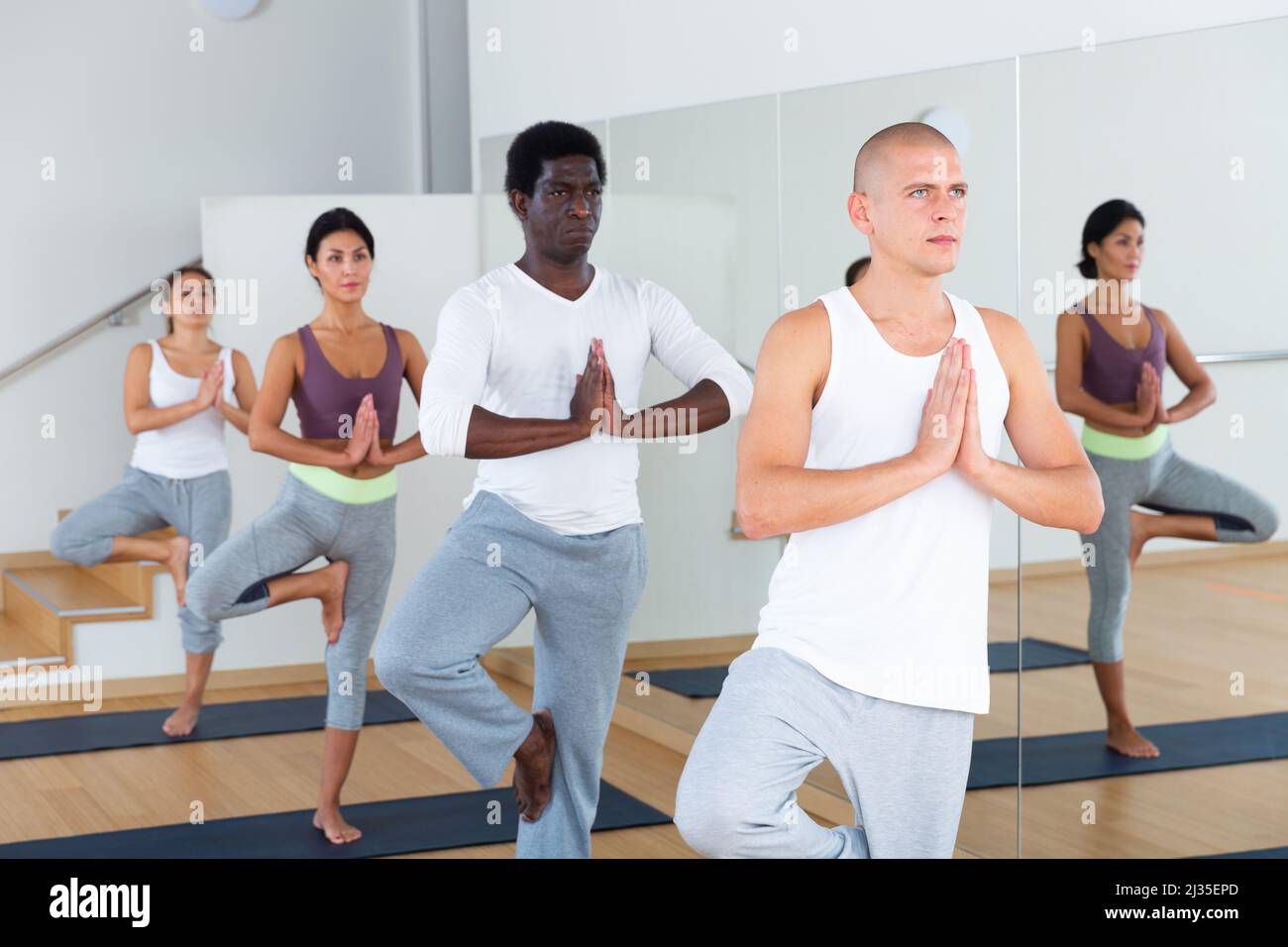 Group of sporty people practicing yoga positions during training Stock ...
