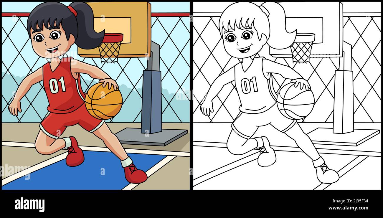 Girl Playing Basketball Coloring Page Illustration Stock Vector Image ...