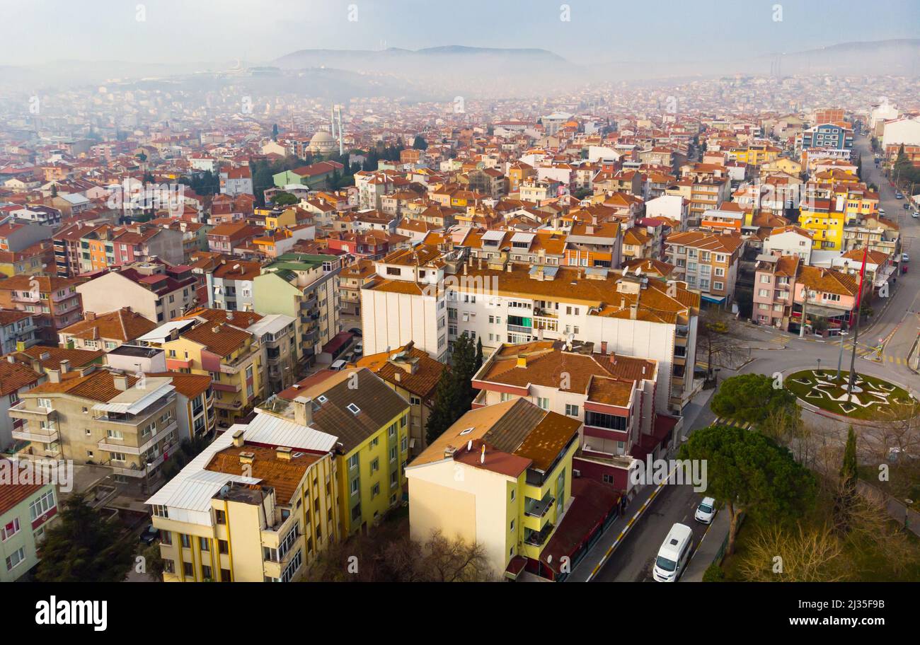 View from drone of residential districts of Turkish city of Balikesir ...