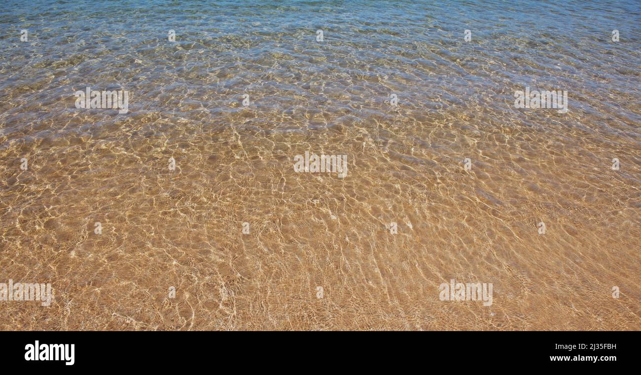 Beach with golden sand, turquoise ocean water. Panoramic sea view ...