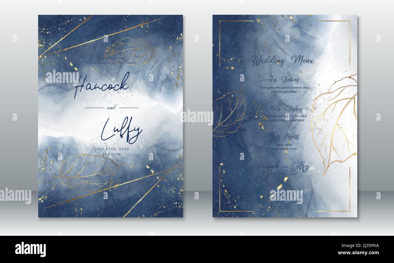 Wedding invitation card template blue background watercolor luxury with ...
