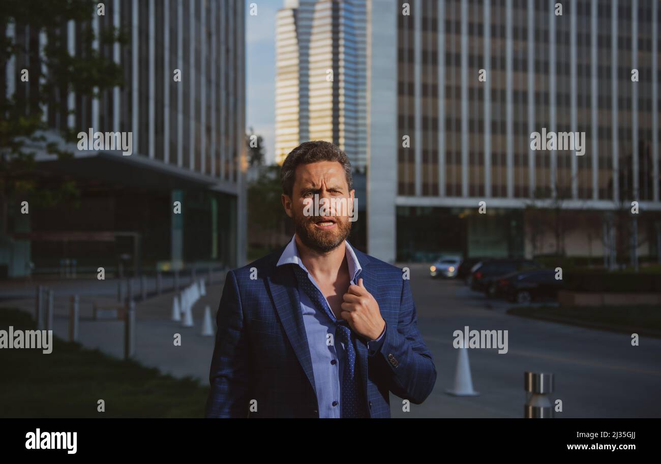 Angry businessman in suit after work in office. Screaming face Stock ...