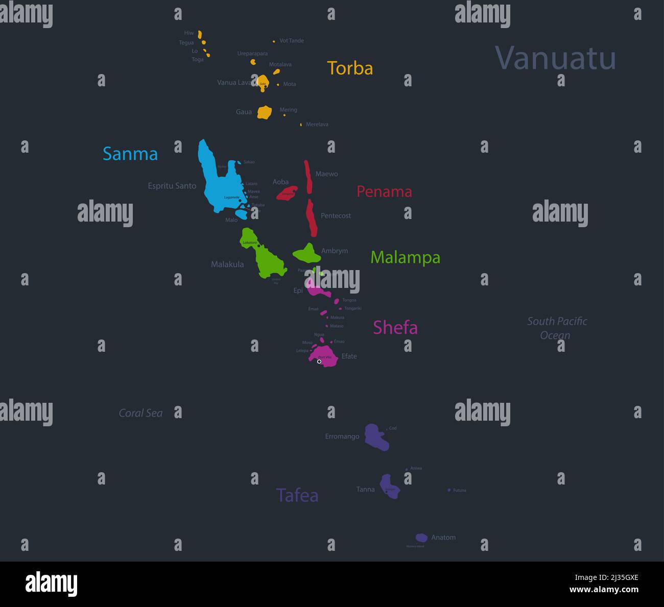 Infographics Vanuatu map, colors regions with names of individual ...
