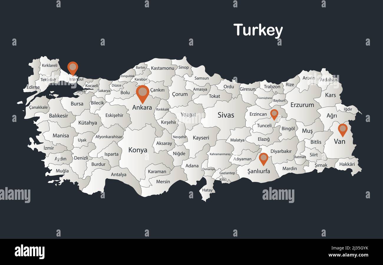 Turkey map, Infographics flat design colors snow white, with names of ...