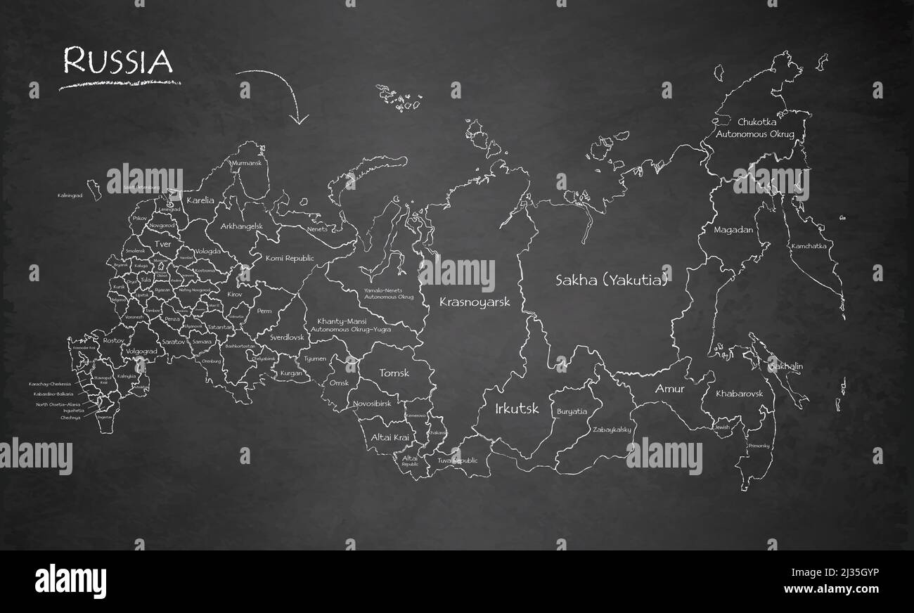 Russia map, separates regions and names, design card blackboard ...