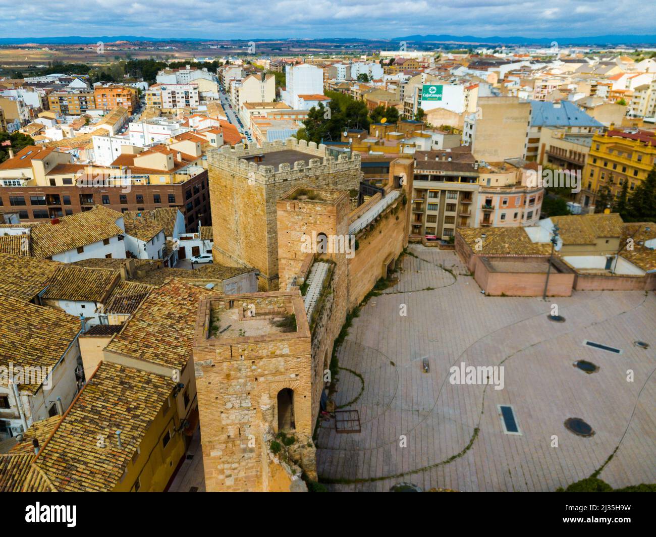 Historical view of Castle towers and fortress landmark of Requena Stock ...