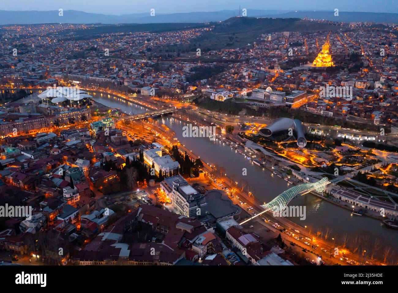 Aerial view of historical area of Tbilisi in evening lights Stock Photo ...