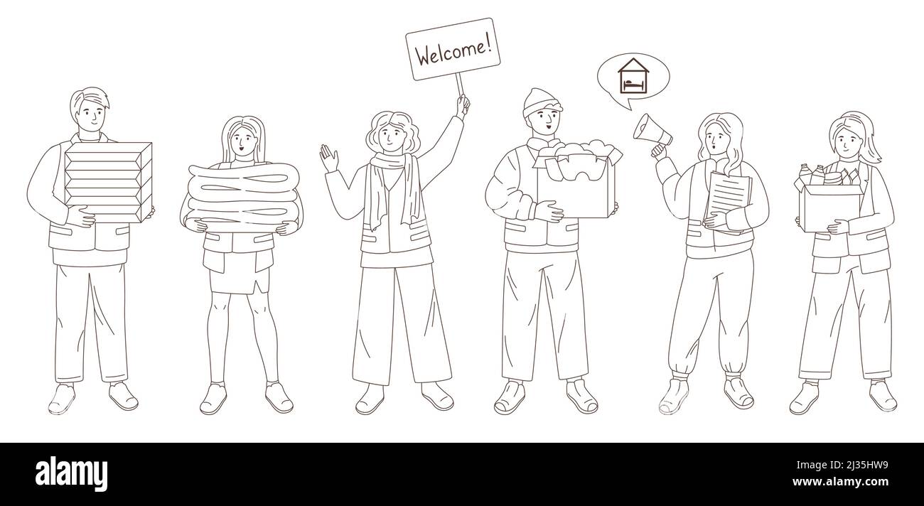 Volunteers with donations volunteering concept. Doodle charity people ...