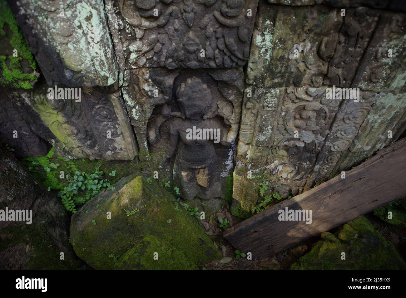 An apsara figure on a wall behind ruins at Ta Prohm temple in Siem Reap ...