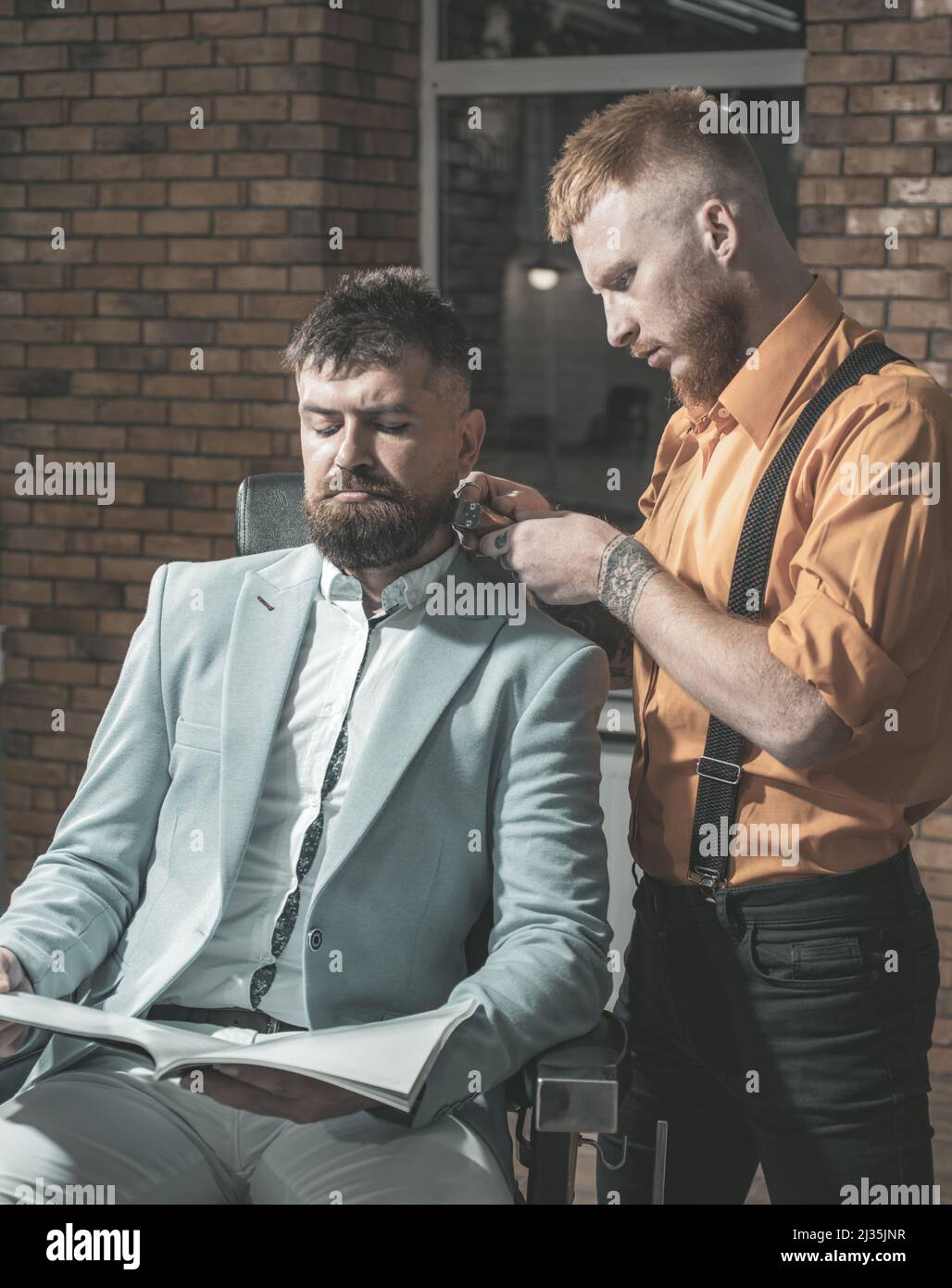 Styling with shaver. Barber scissors. Shaving man and razor man. Barber ...
