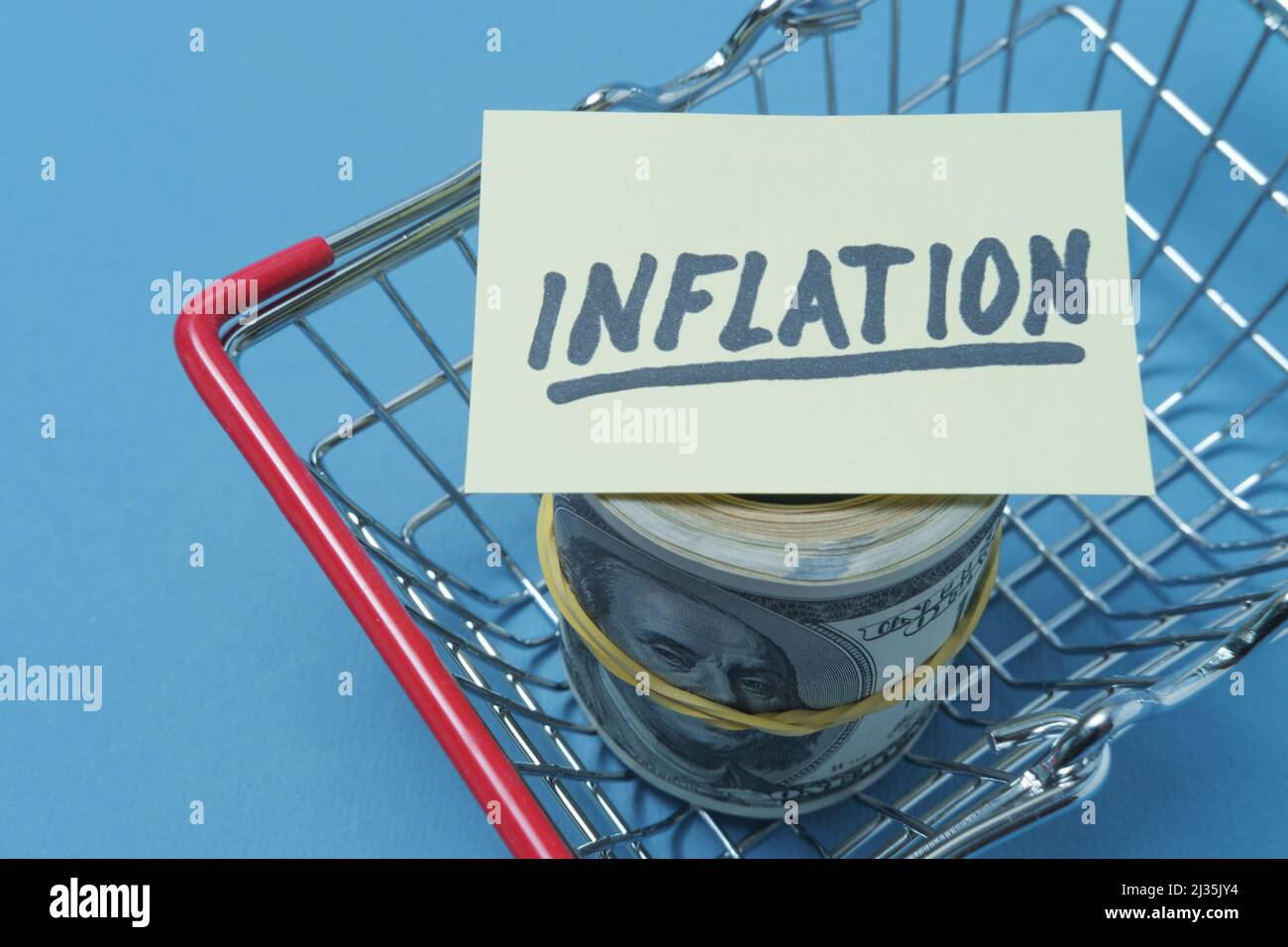 Dollars are in a grocery basket, with a poster on which the inscription ...