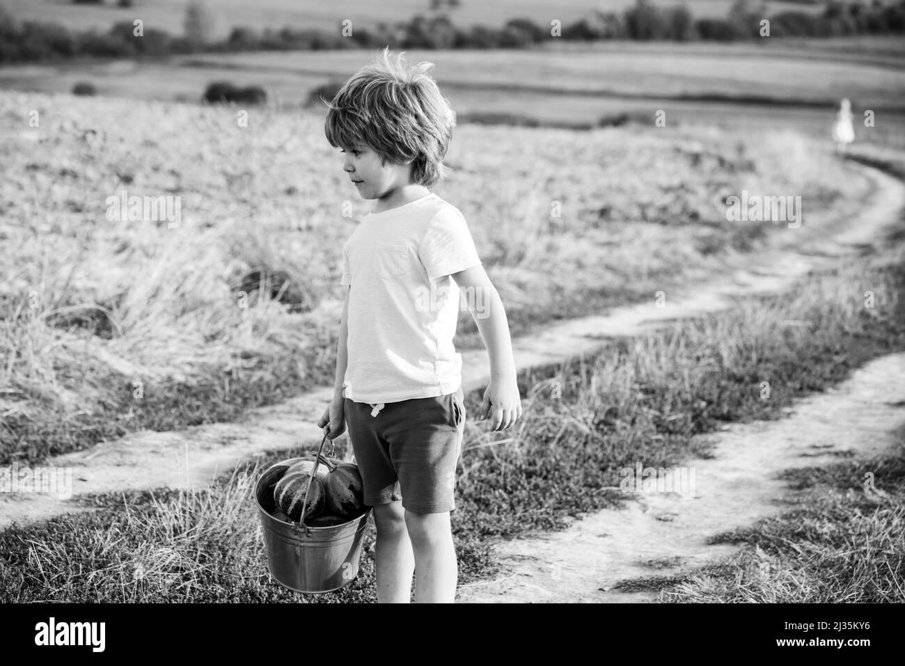 Son planting on ground. Little farmer in village. Children farmer ...