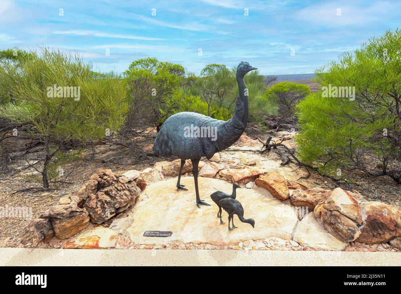 Statues of an emu with two chicks at Kalbarri Walkway, Kalbarri ...
