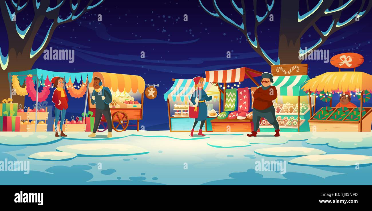 People on Christmas fair with market stalls with candies, santa hats ...