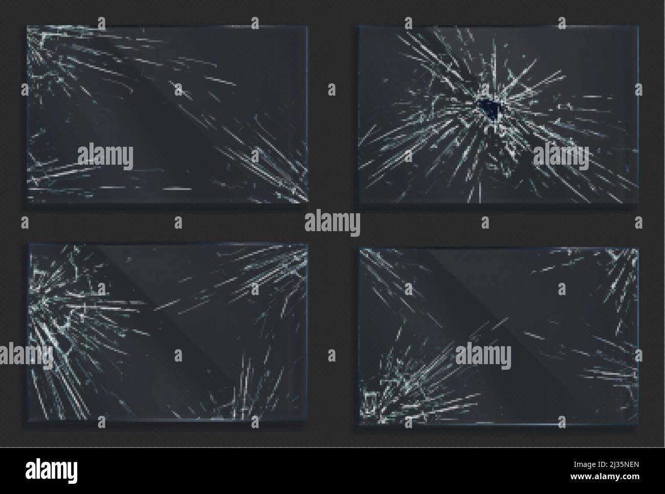 Broken glass with cracks and hole from impact or bullet shot ...