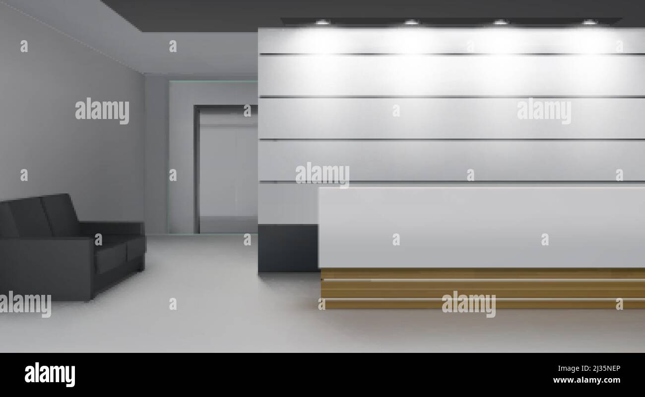 Reception interior with lift, modern foyer room with desk, illumination ...