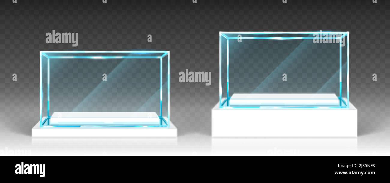 Glass showcases, display, exhibit stand, transparent boxes front view ...