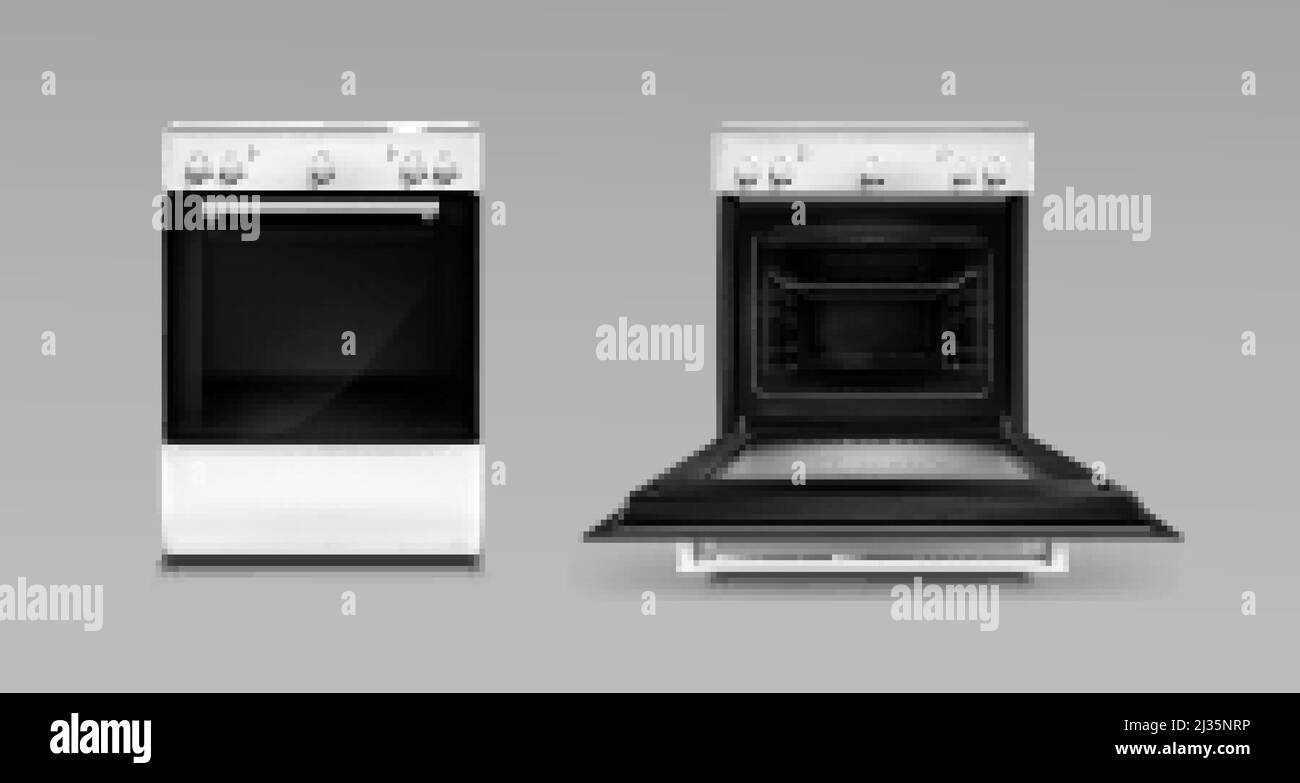 Oven, electric kitchen appliances, open or closed stove of white color ...