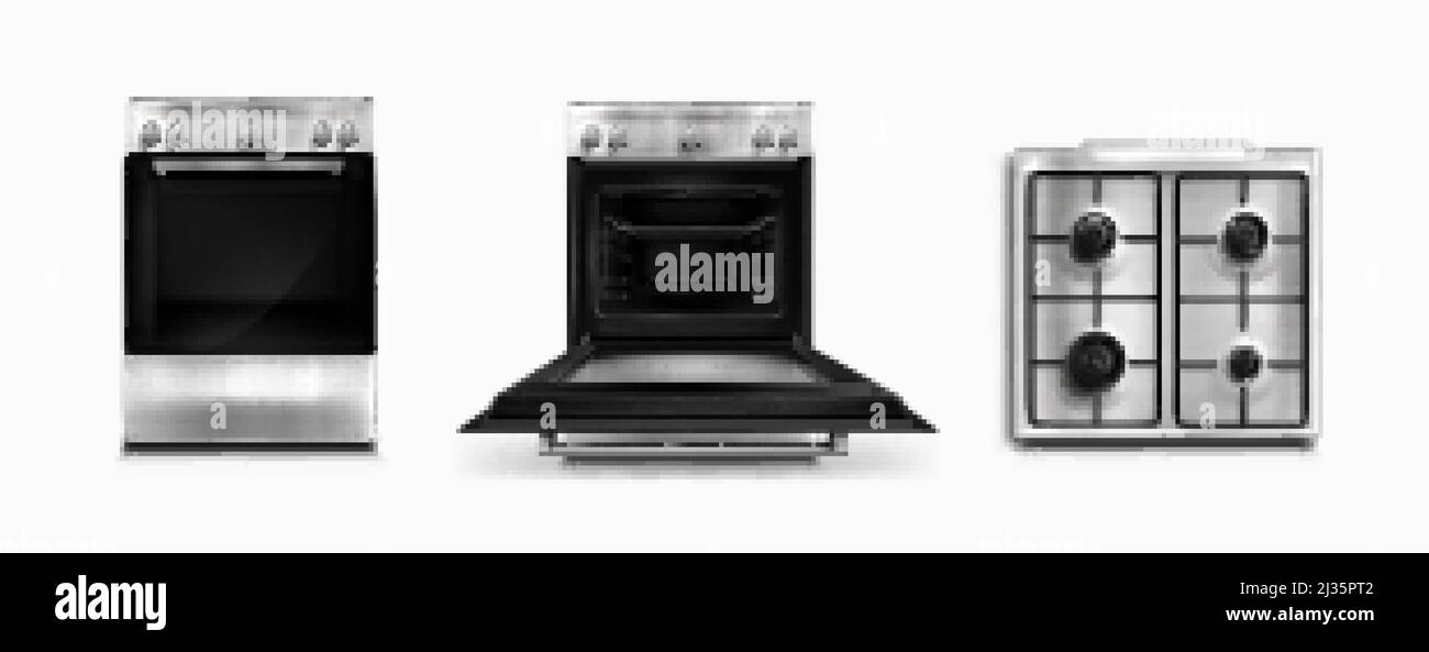 Oven, electric and gas kitchen appliances top and front view. Open or ...