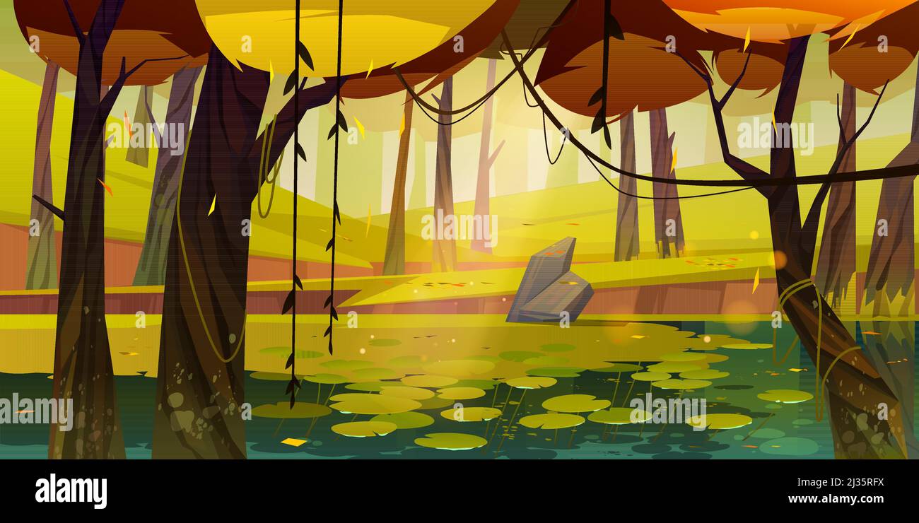 Autumn landscape with swamp in forest. Vector cartoon illustration of ...