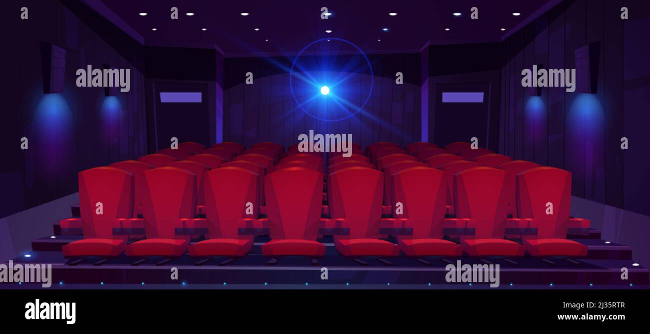 Movie theater hall with seat rows for audience and cinema projector. Vector cartoon illustration ...