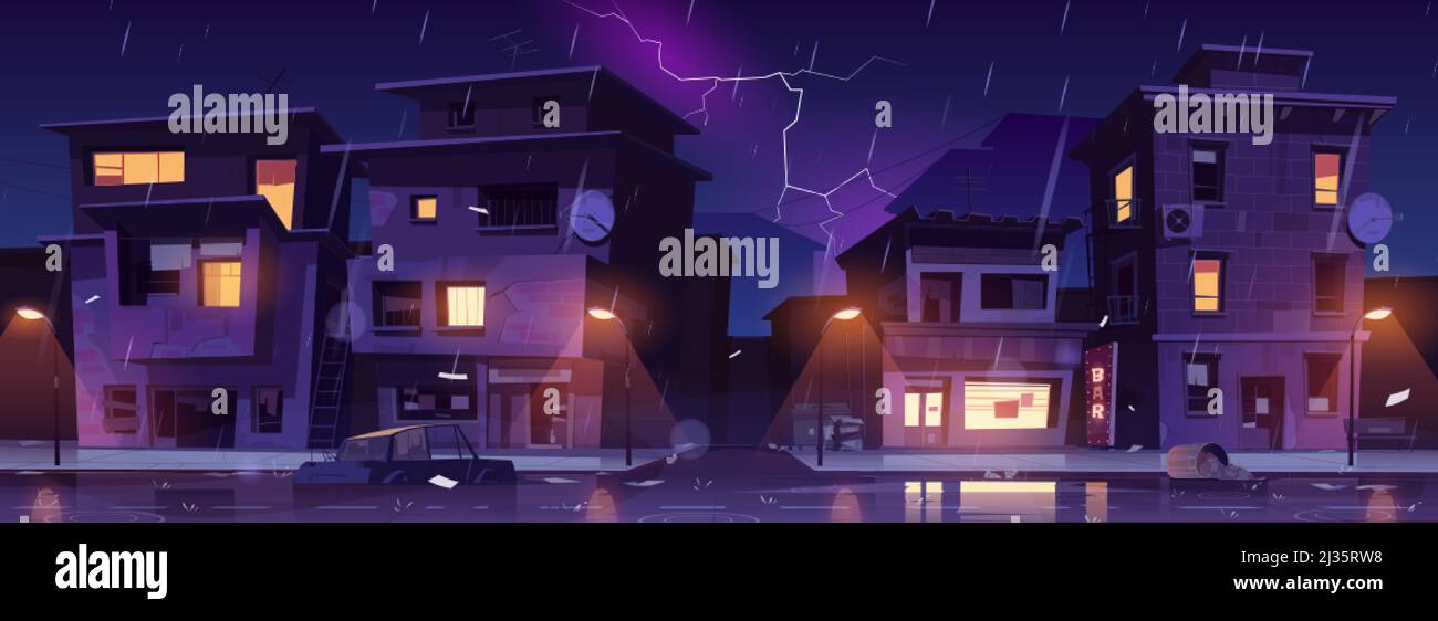 Ghetto street at night rain with lightnings, slum ruined abandoned old ...