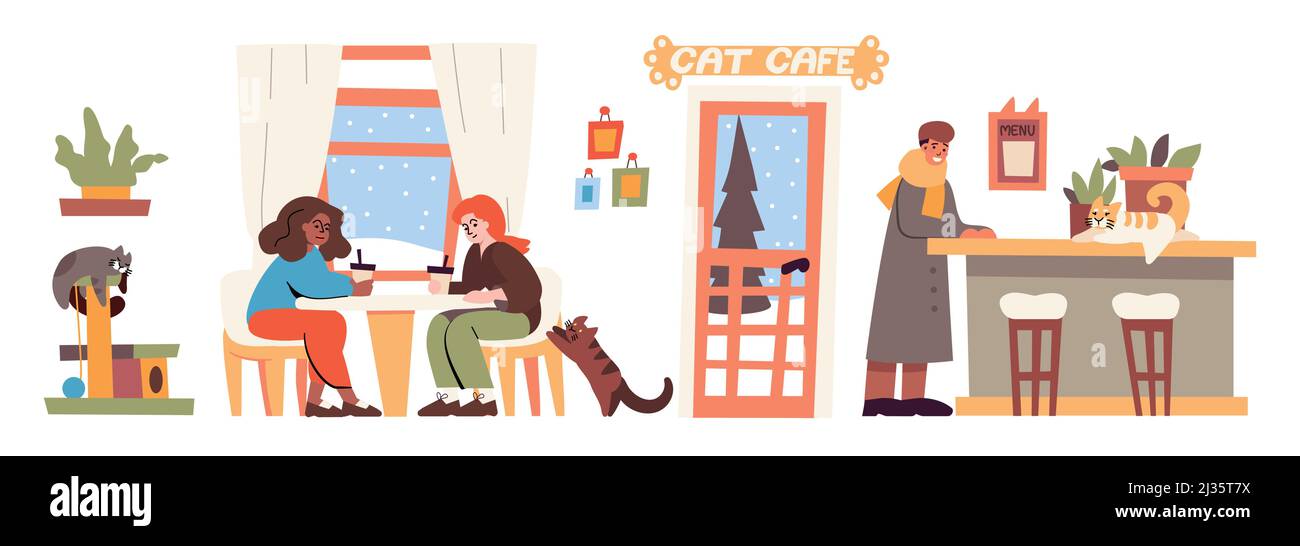 Cat cafe interior with people and pets. Vector flat illustration of ...