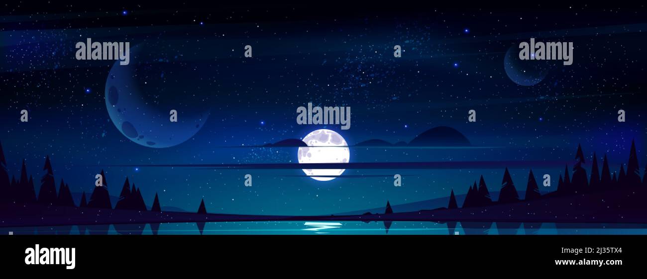 Full moon in night sky with stars and clouds above trees and pond ...