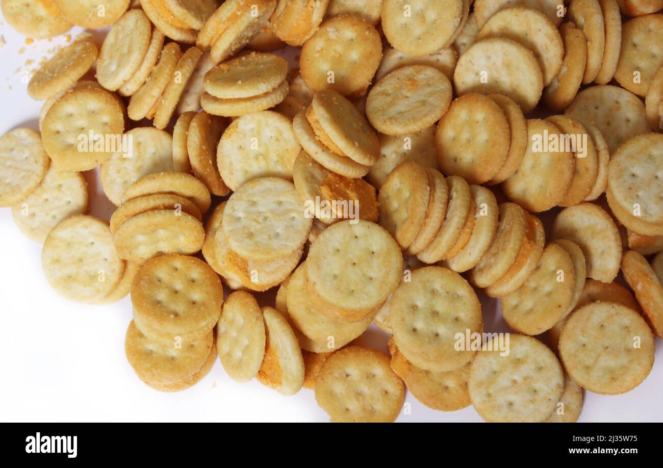 Pile of Mini Cheese Snack Crackers Close up Stock Photo - Alamy