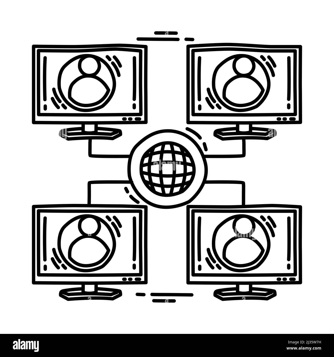 Virtual Community Part Of Computer Software And Hardware Hand Drawn Icon Set Vector Stock Vector