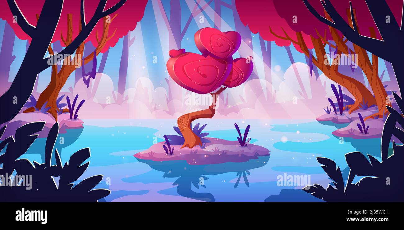 Fantasy tree with hearts shape crown in forest swamp. Vector cartoon ...