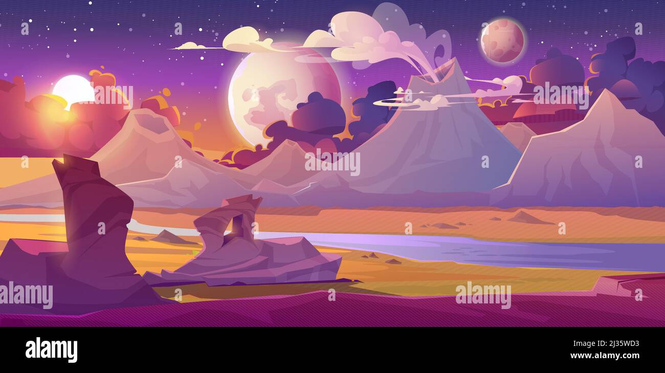 Alien planet landscape with volcano, river, stars and moons in sky ...