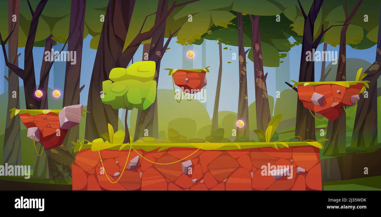 Game level background with platforms and items. Vector cartoon ...