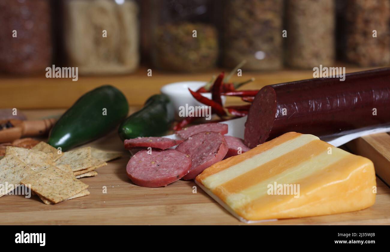 English Shire Cheese and Irish Cheese and Spices in Rustic Kitchen ...