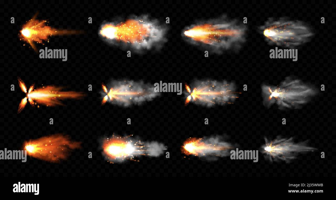 Gun flashes with smoke and fire sparkles. Pistol shots clouds, muzzle ...