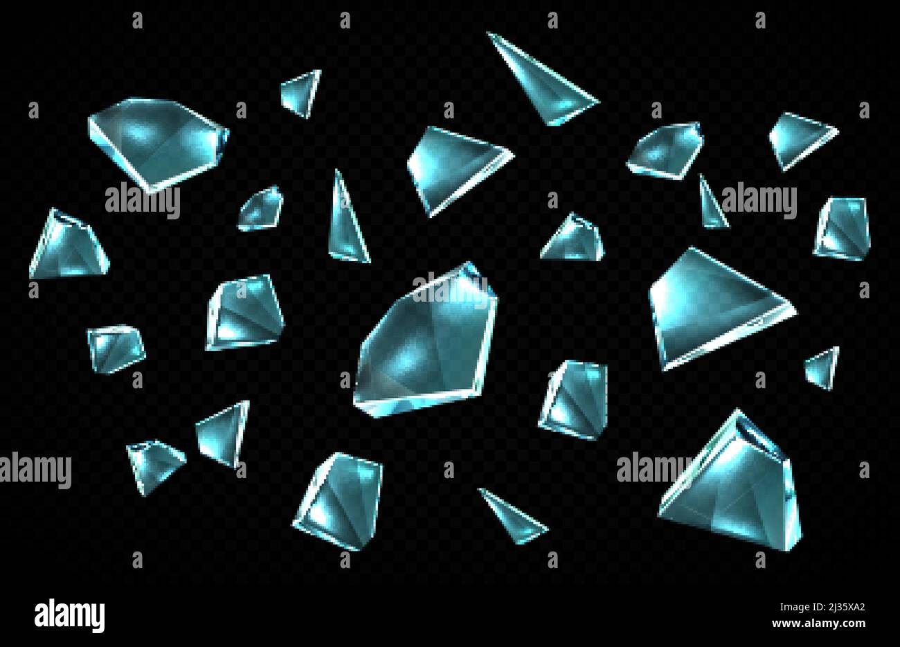 Broken glass shards isolated on black background, randomly scattered shattered pieces of crashed ...