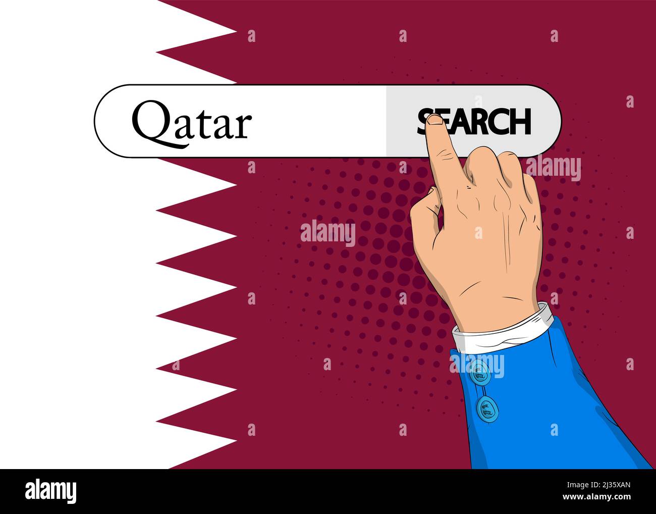 Virtual search bar with the text Qatar. Businessman pushing his right ...