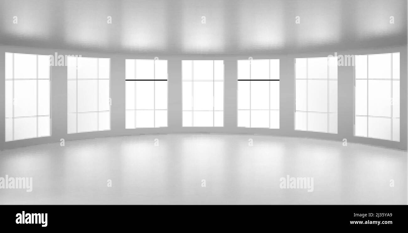 Empty round room, office with large windows, white ceiling and floor ...