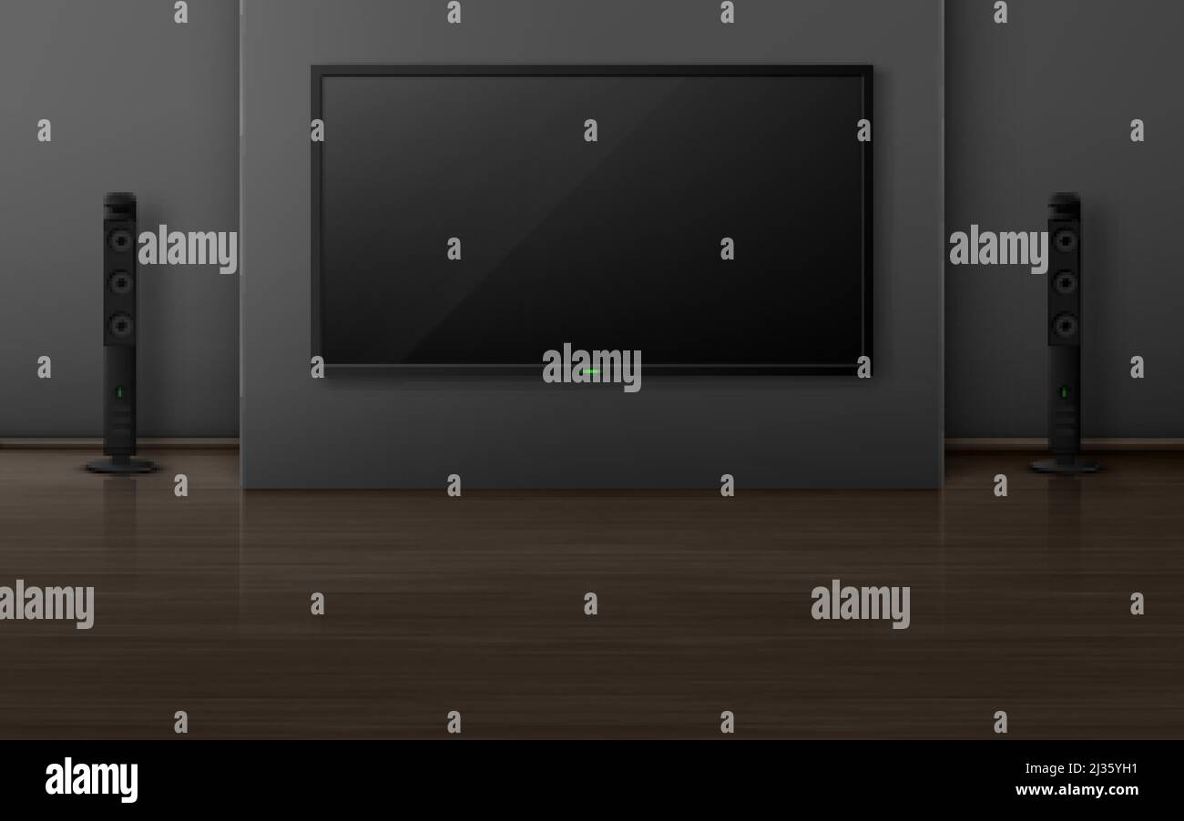 Tv set with dynamics in living room interior, home theater system with ...